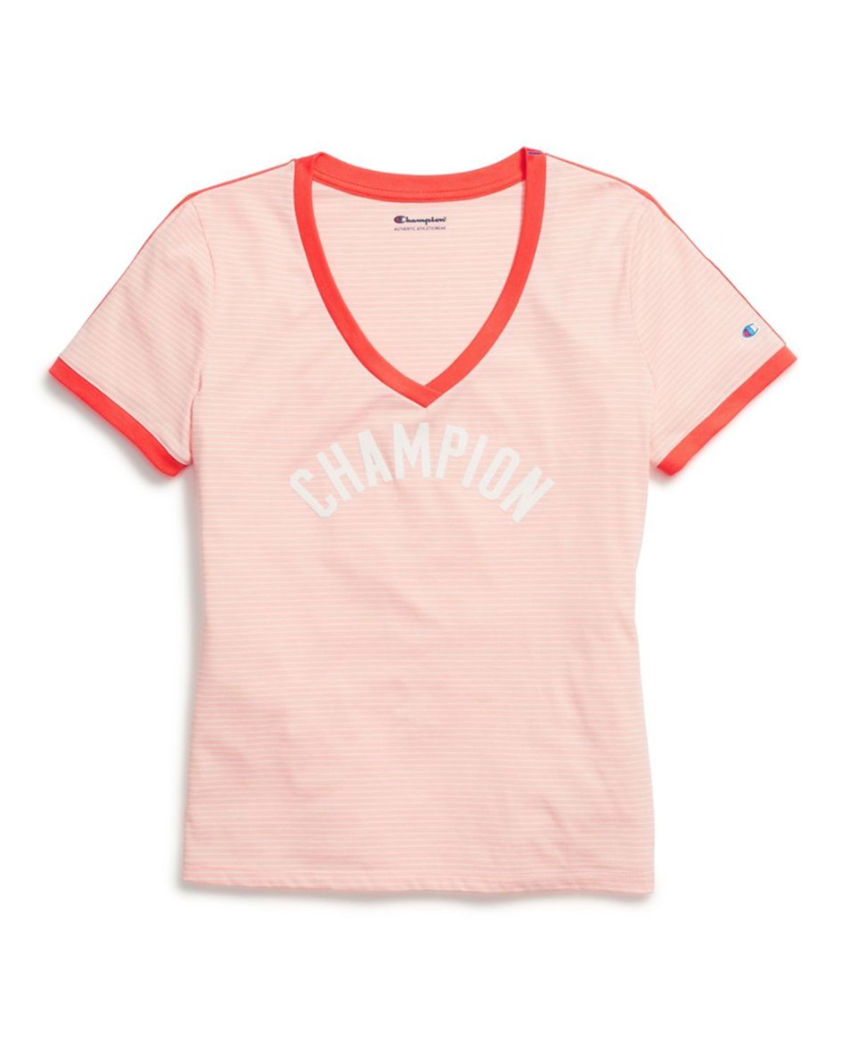 Champion W4915 549934 Women's Heritage V-Neck Ringer Tee Flocked Logo